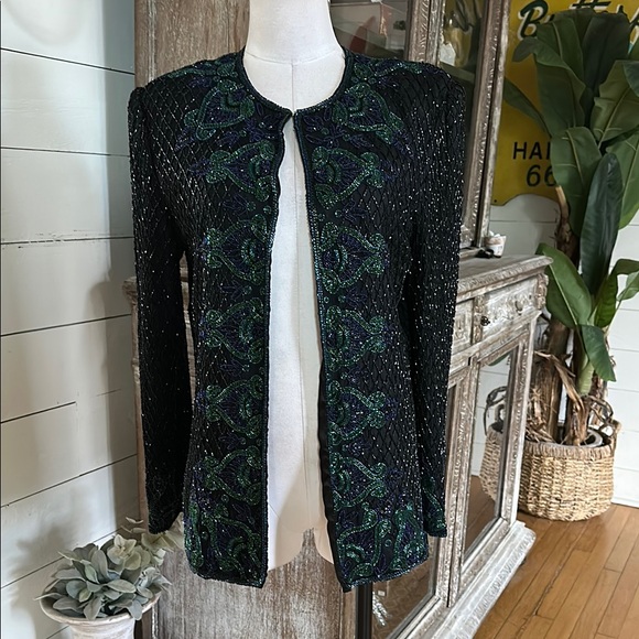 Scala | Jackets & Coats | Scala Luxury Silk Beaded Black Green Jacket ...